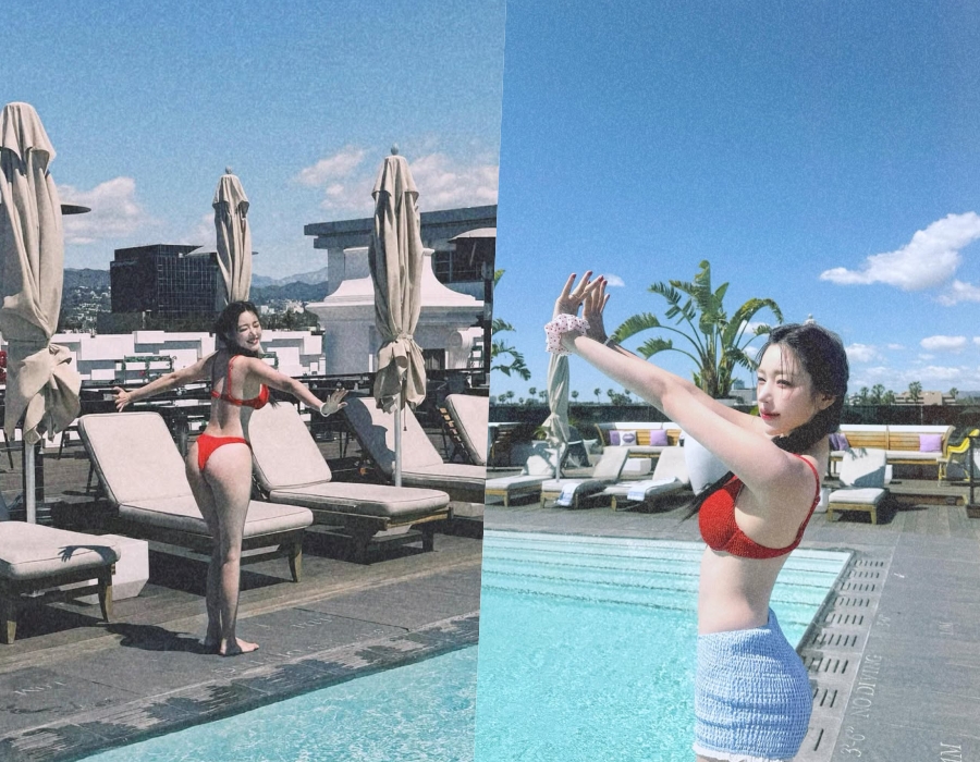 '려욱♥' 아리, 강렬한 레드 비키니에 글래머 자태…LA 햇살보다 핫해-pickcon
